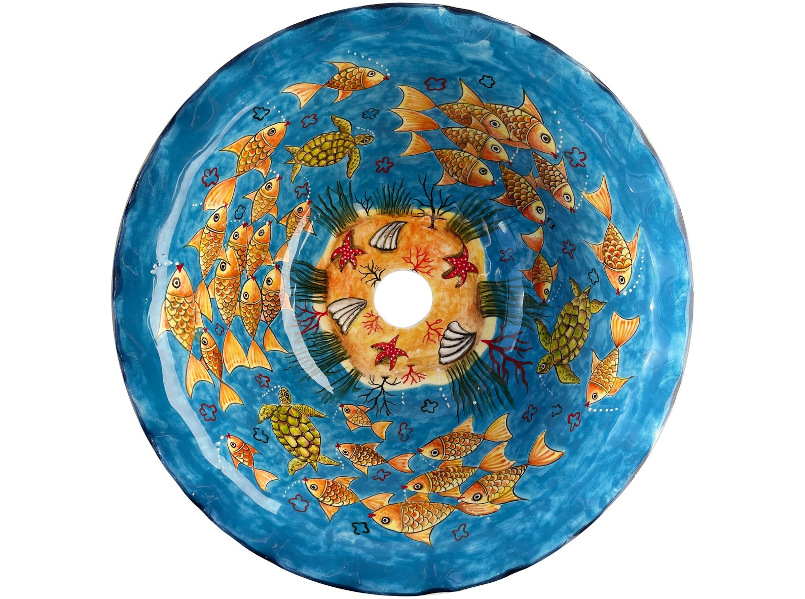 Round Bathroom Vessel Sink Blue Fish Ceramic Above Counter | Etsy