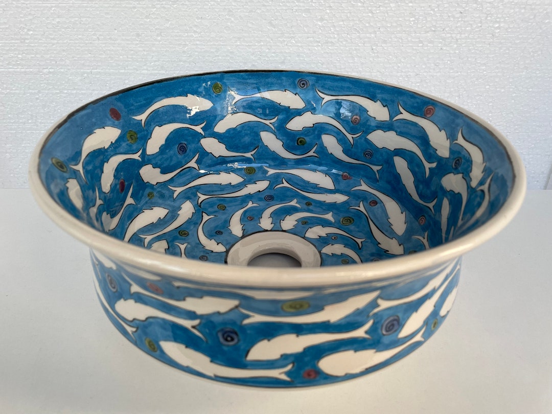 Fish Patterned Ceramic Bathroom Wash Basin, Vessel Sink, Countertop ...