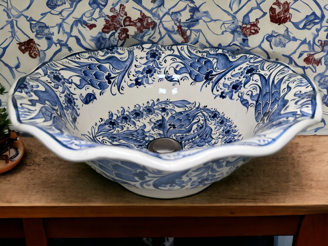 Bathroom Vanity Vessel Blue Sink, Floral Washbasin, Half Bathroom Sink ...