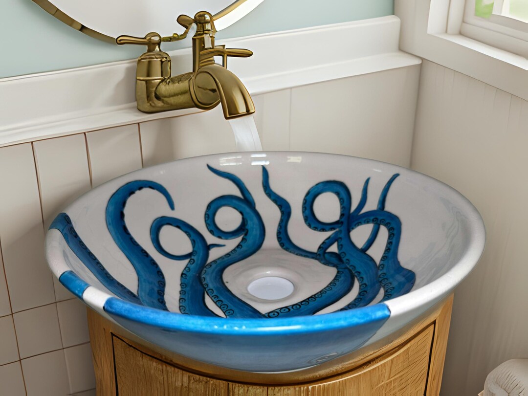 Bathroom Octopus Painting Vessel Sink, Ceramic Countertop Basin, Blue ...