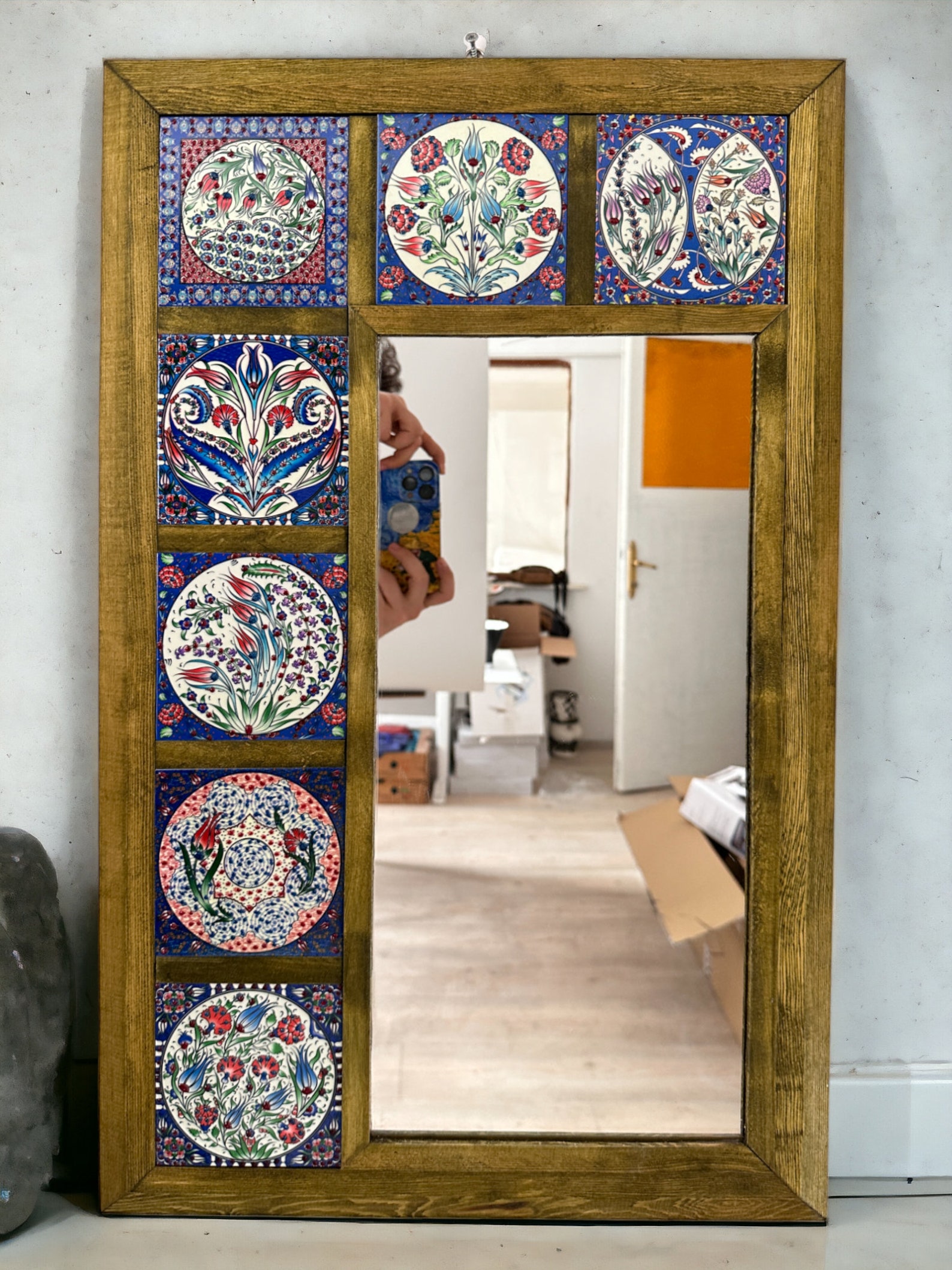 Ethnic Wall Hanging Tiled Wood Mirror, Rustic Console Mirror, Framed ...