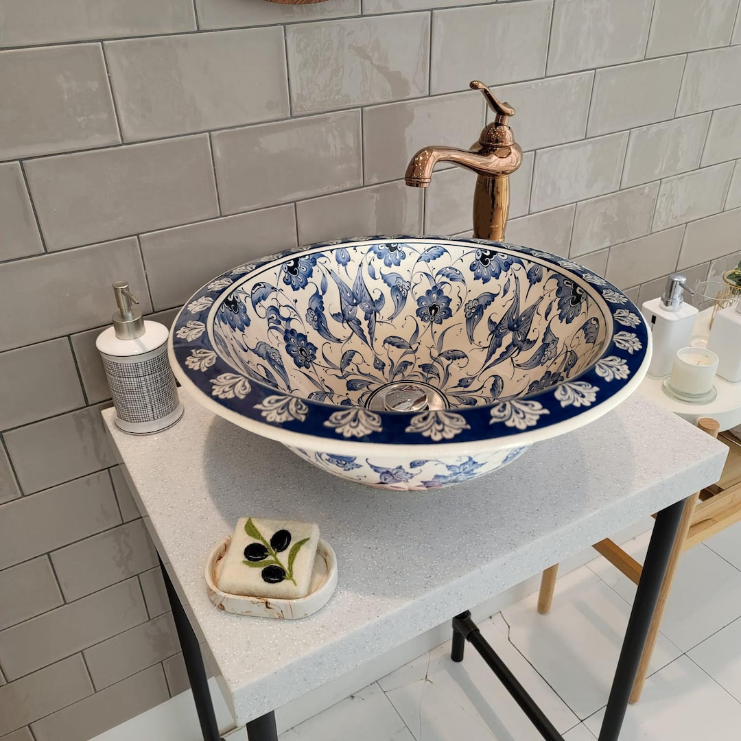 Bathroom Blue Vessel Sink, Ceramic Countertop Basin, Washing Bowl ...