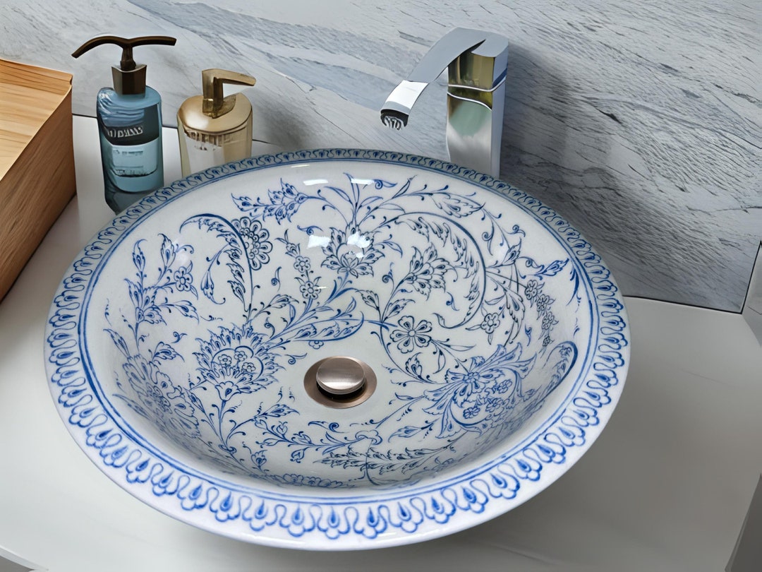 Bathroom Ceramic Blue Basin, Kitchen Vessel Sink, Countertop Floral ...