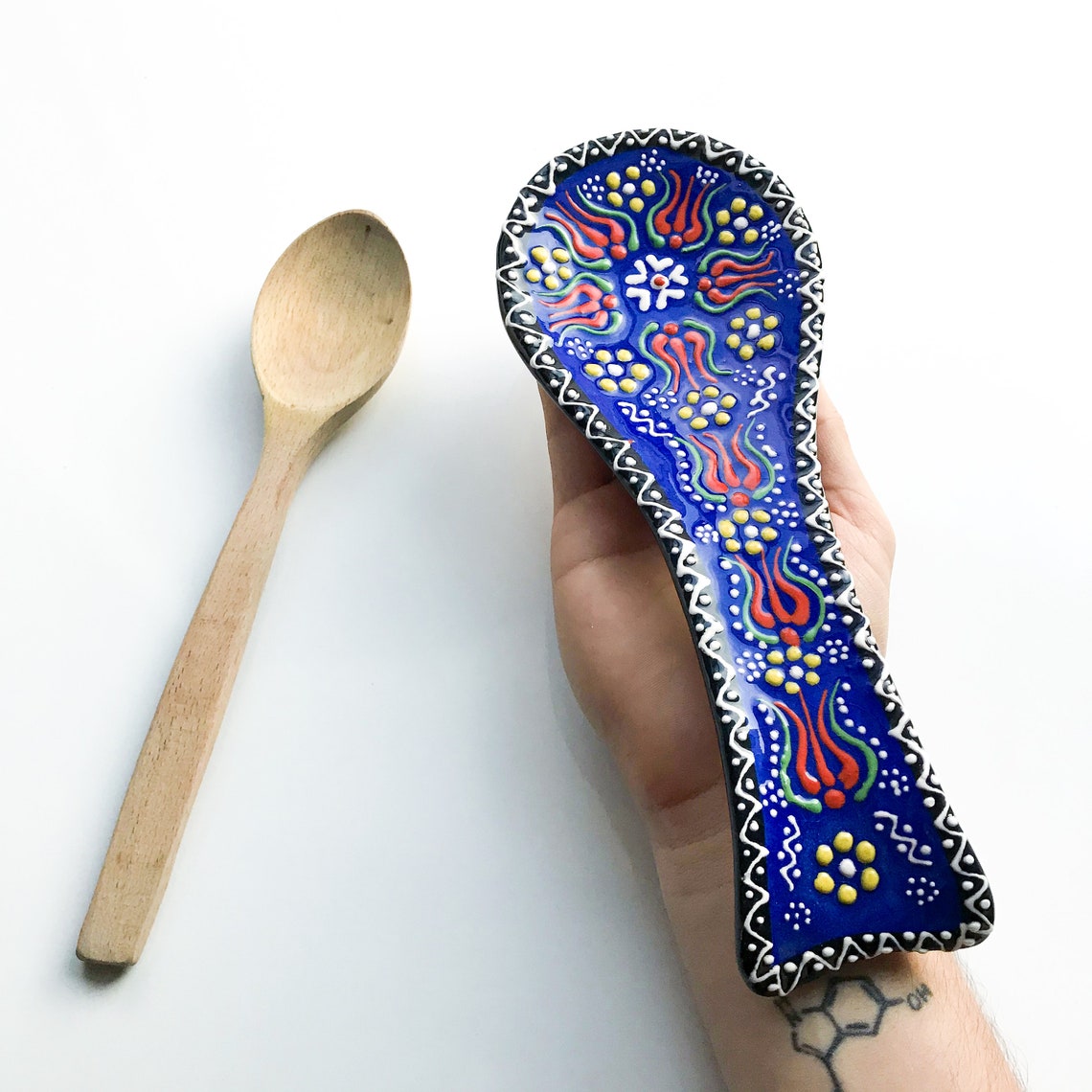 Fully Glazed Blue Ceramic Spoon Holder Utensil Rest Handmade | Etsy