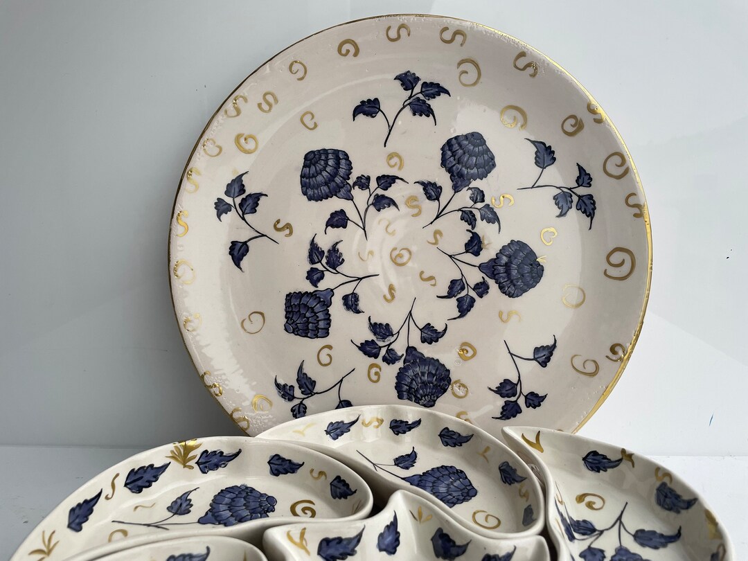 14K Gold Serving Platter, Large Dinnerware Set, Ceramic Snack Serving ...