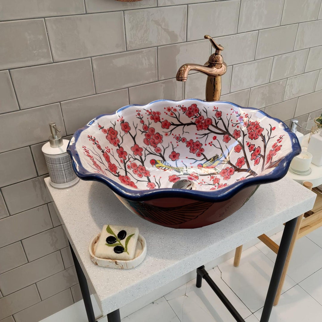 Bathroom Vanity Vessel Bird Sink, Bird & Sakura Washbasin, Half ...