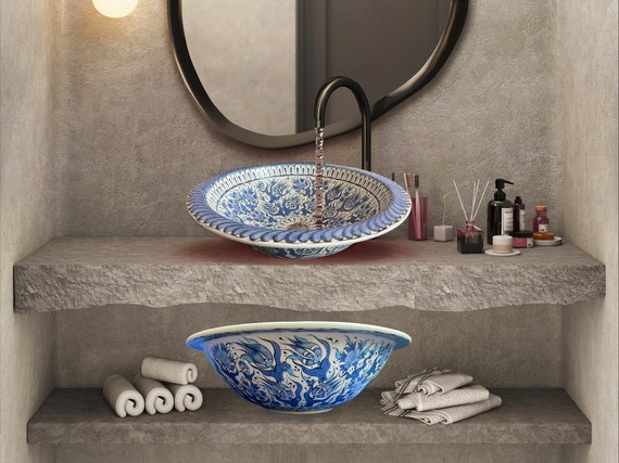 Bathroom Blue Vessel Sink Ceramic Countertop Basin Washing - Etsy