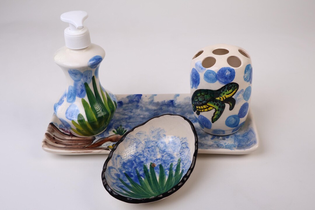 Bathroom Accessories Set With Sea Turtle Design, Liquid Soap Dispenser ...