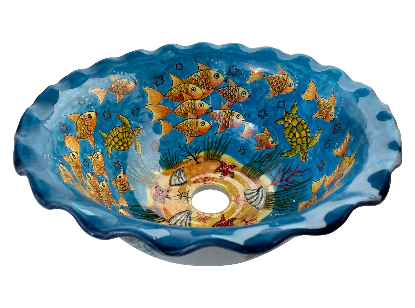 Round Bathroom Vessel Sink Blue Fish Ceramic Above Counter | Etsy