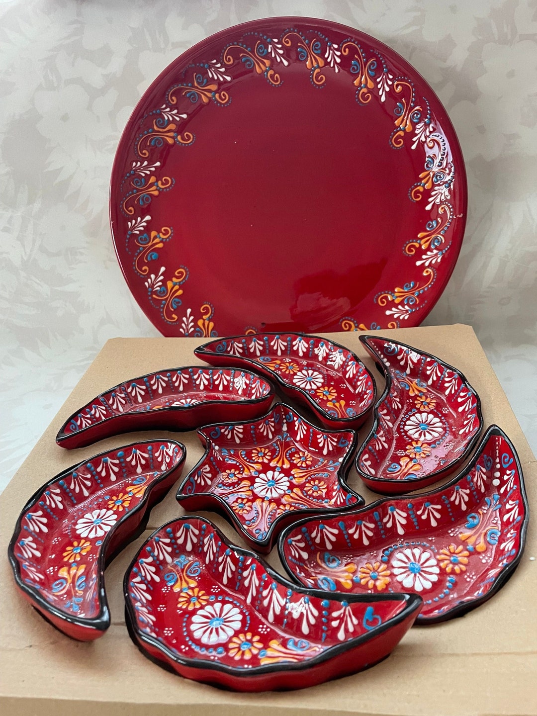 Red Ceramic Snack Serving Set, Handmade Turkish Platter, Pottery Bowl ...