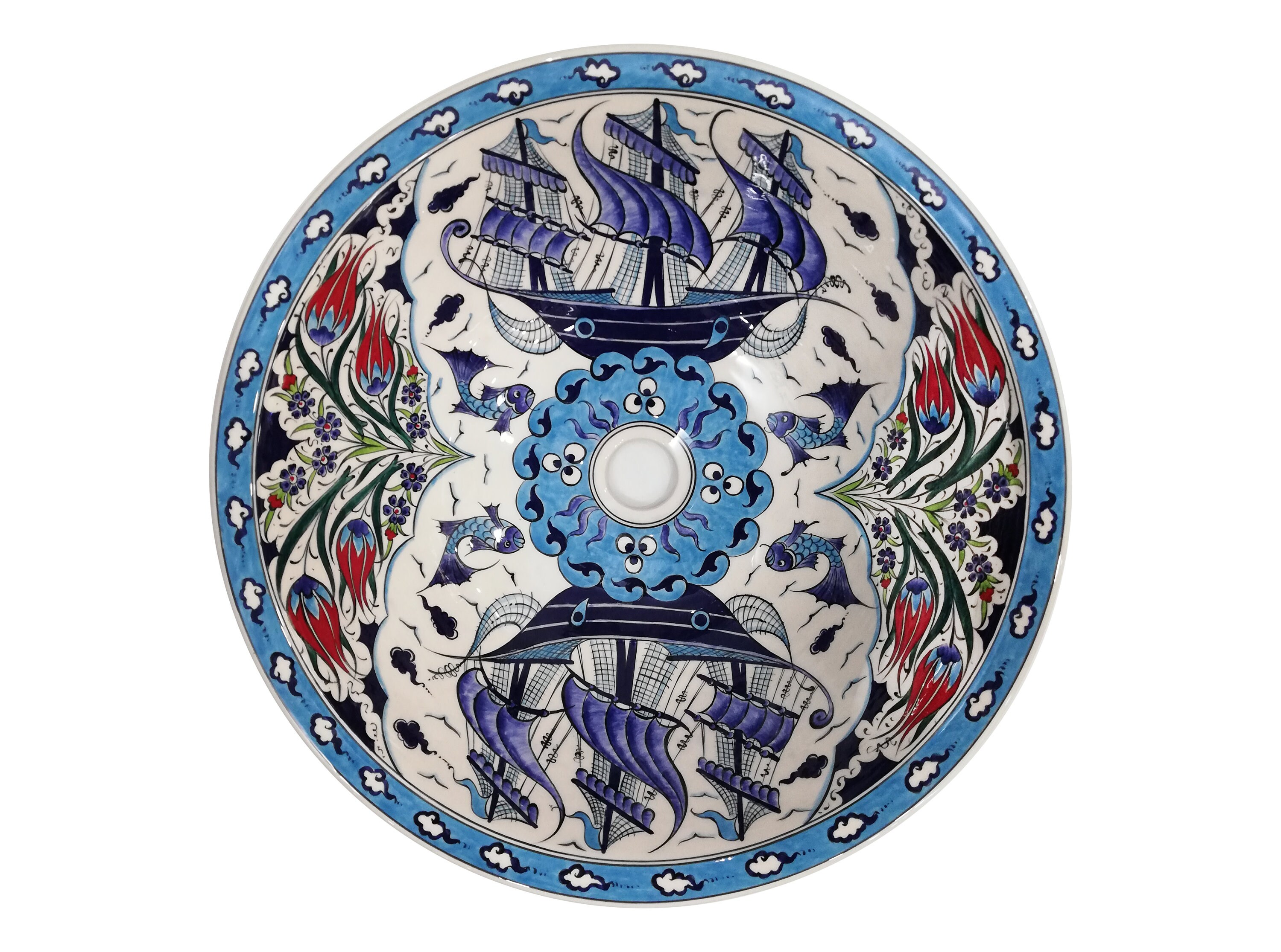 Round Bathroom Vessel Sink, Boat Sink, Ceramic Above Counter Sink Art ...