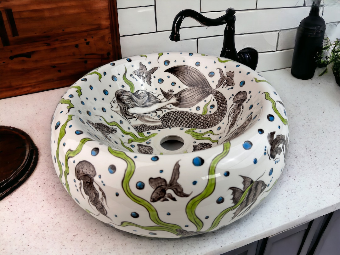 Sea & Mermaid Bathroom Sink, Beach House Vessel Ceramic Countertop ...