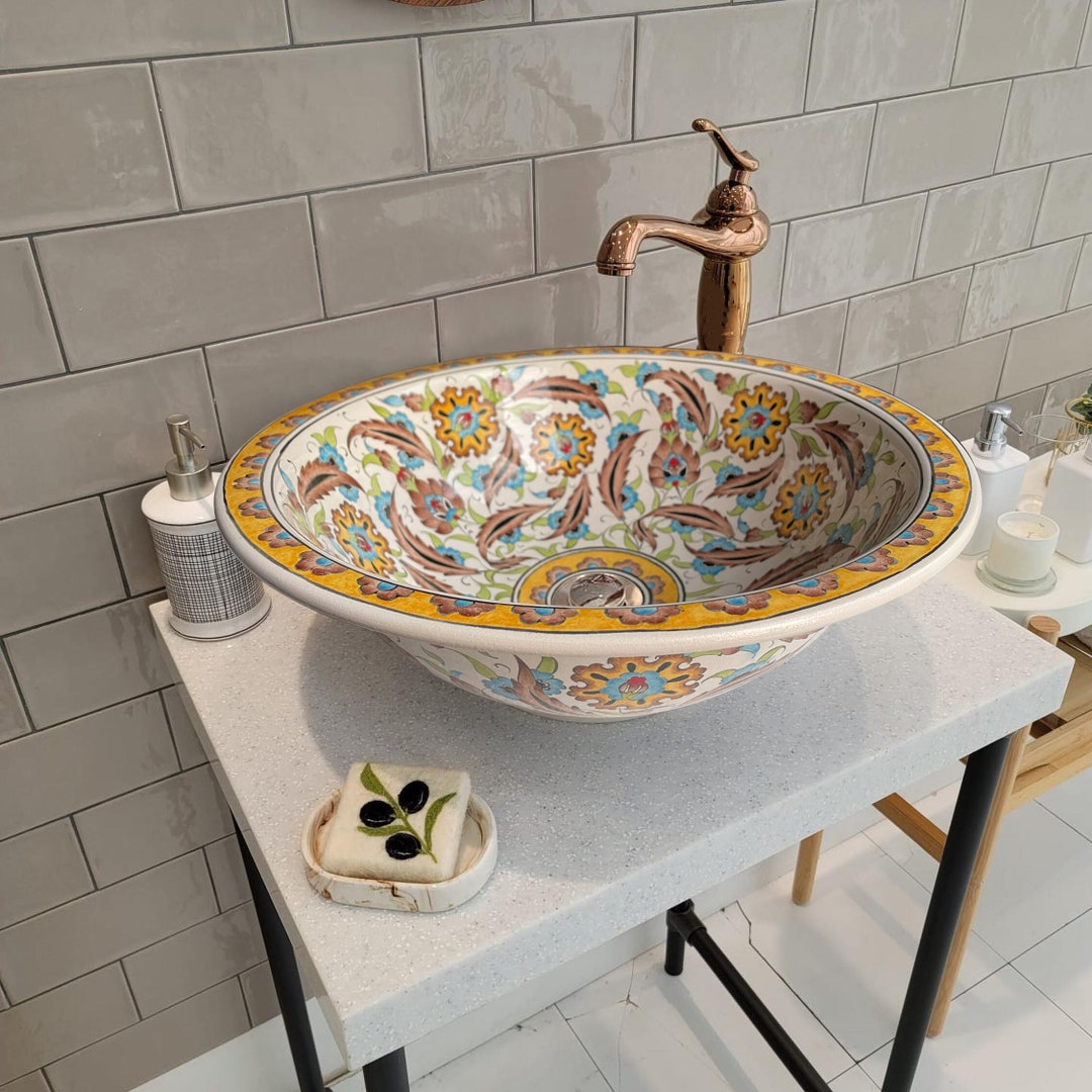 Bathroom Vanity Floral Vessel Sink, Kitchen Above Countertop Basin ...