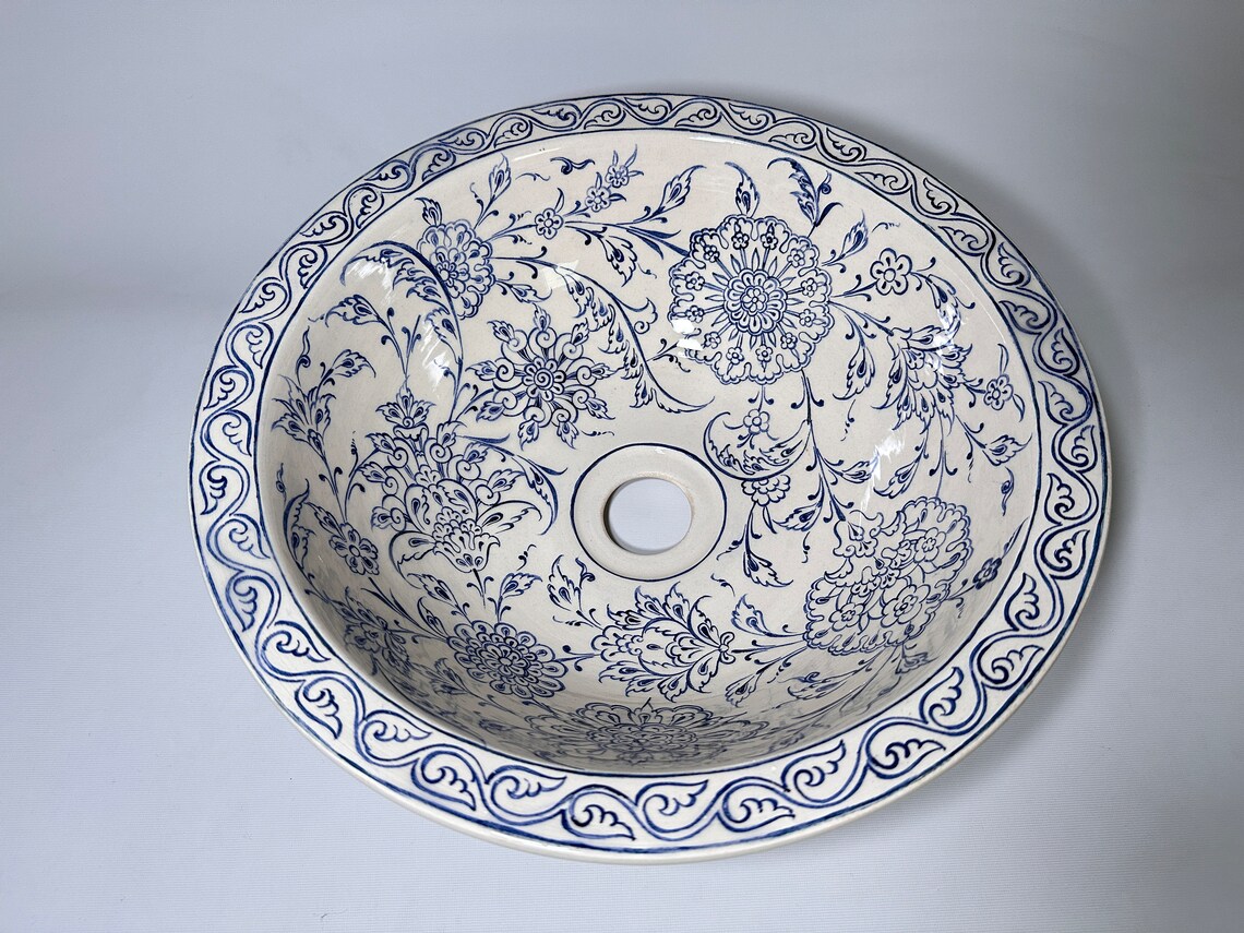 Bathroom Ceramic Blue Basin, Kitchen Vessel Sink, Countertop Floral ...