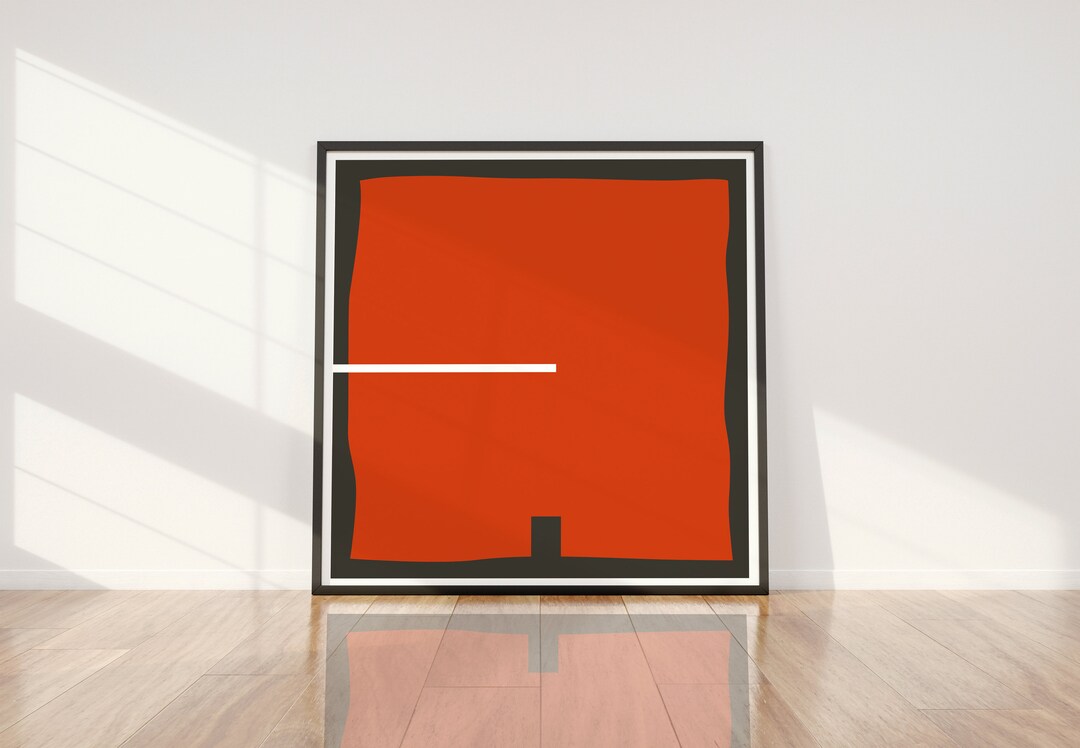 Square Bold Abstract Print, Grey With Large Red Square, Abstract Art ...