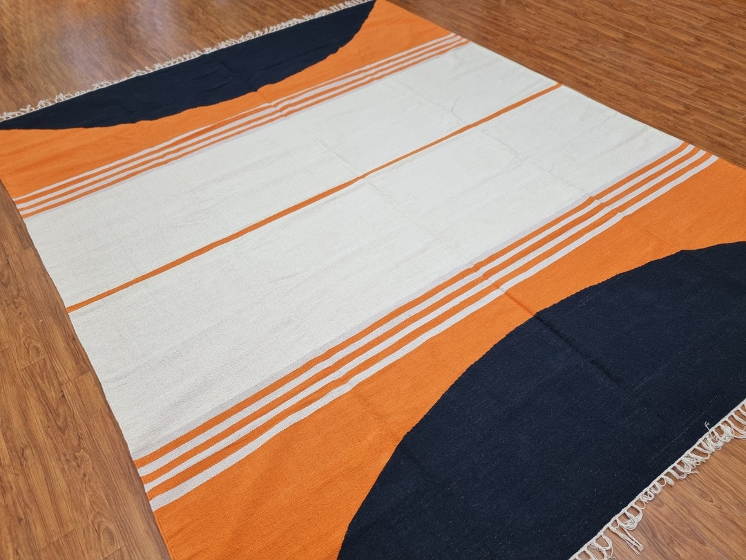 Handwoven Cotton Rug, Eye-catching Rug, Orange Black Kilim Rug, Modern ...