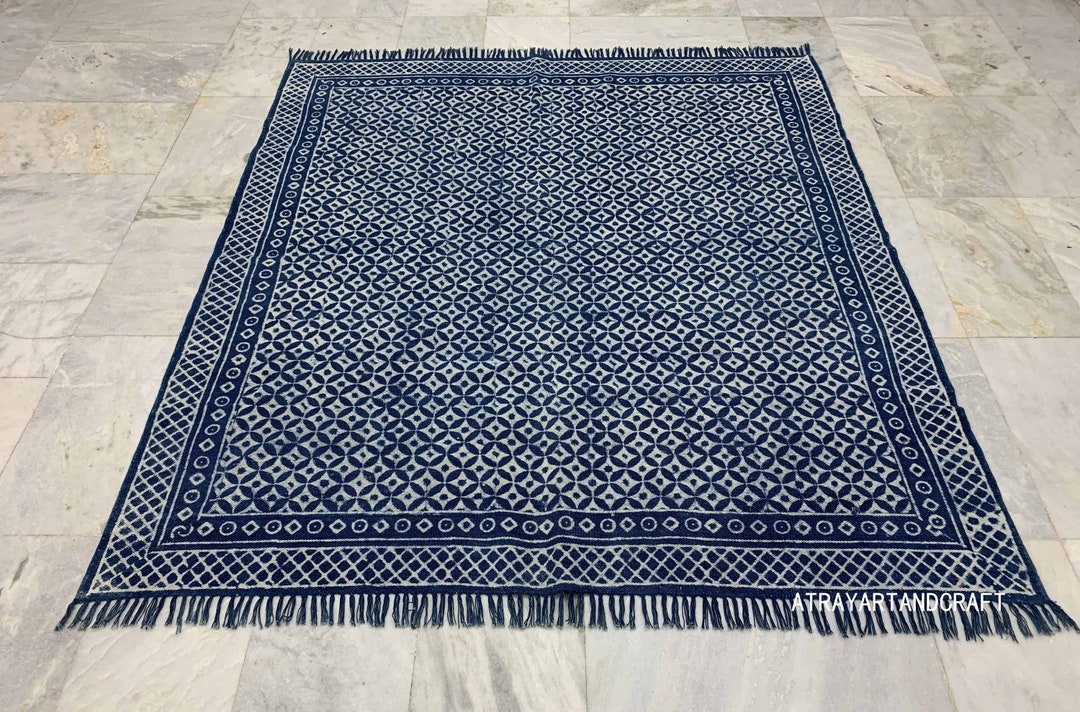 Hand Block Print Cotton Indigo Rug Block Printed Rug Dhurrie - Etsy