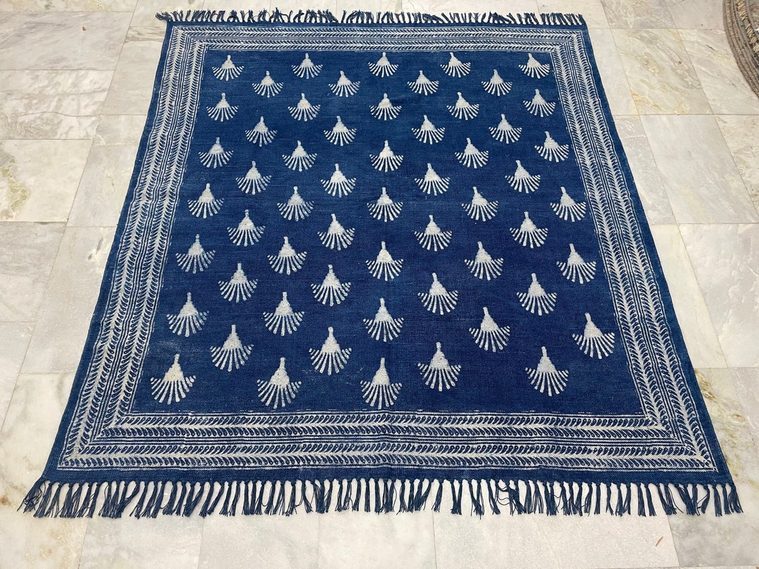 Hand Block Print Rug for Home Decor, Handwoven Cotton Rug for Living ...