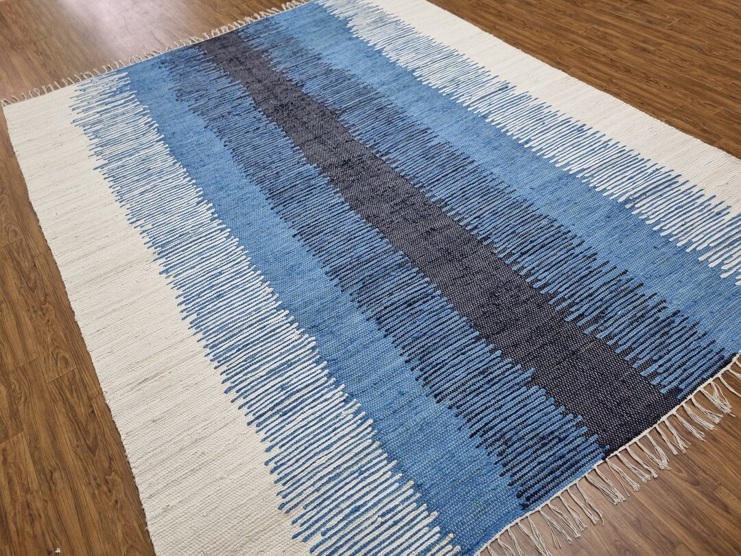 Handwoven Cotton Runner Rug, Blue White Black Rug, Large Area Rug ...