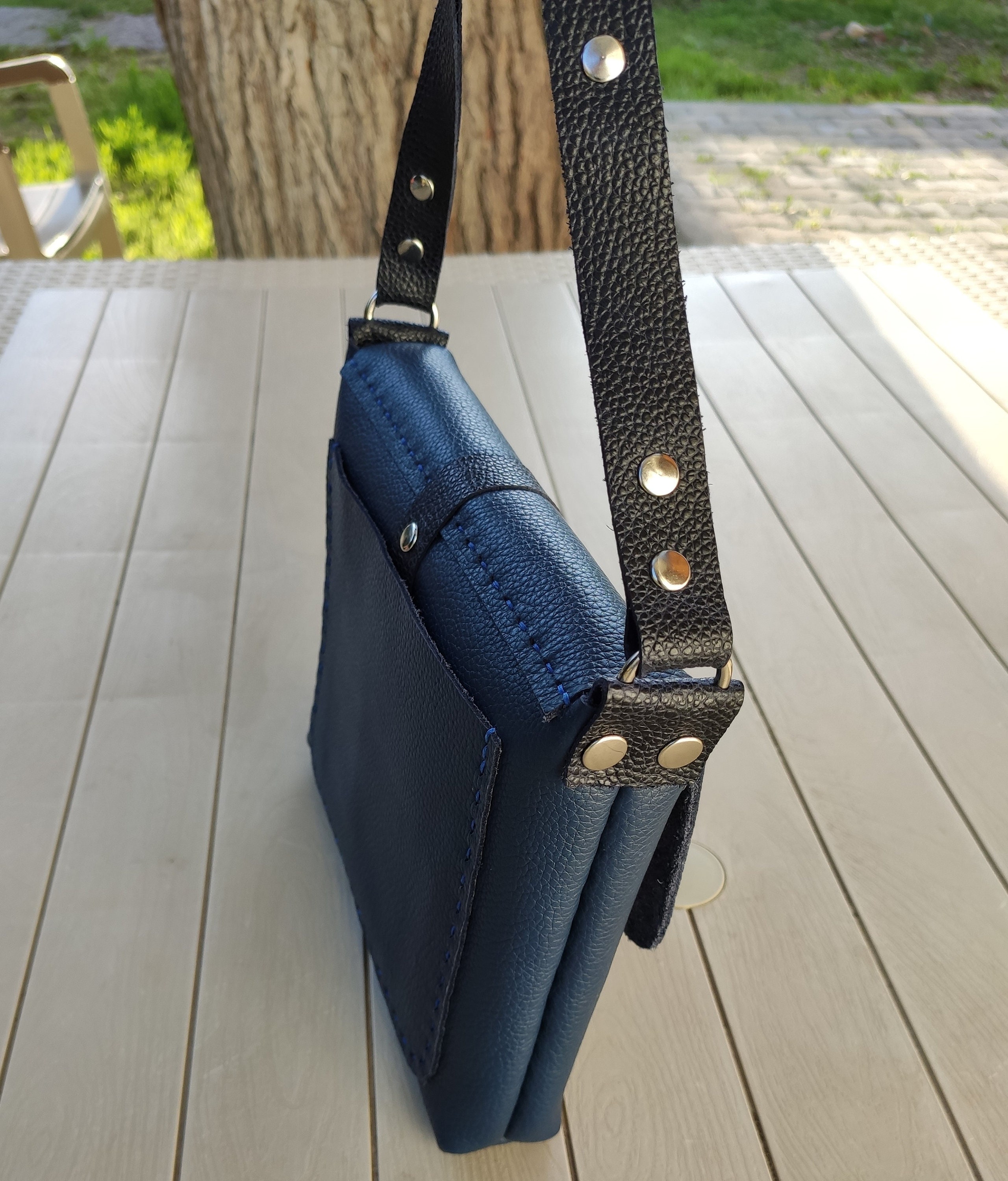 Soft Leather Handbag, Blue Everyday Crossbody Bag, Two Colour Shoulder ...
