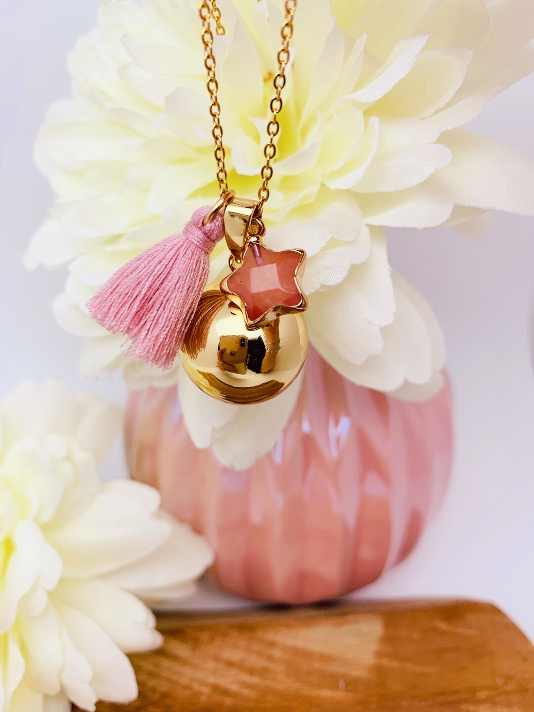 Handmade Pregnancy Bola Gold Plated Charm Natural Stone Rose Quartz ...