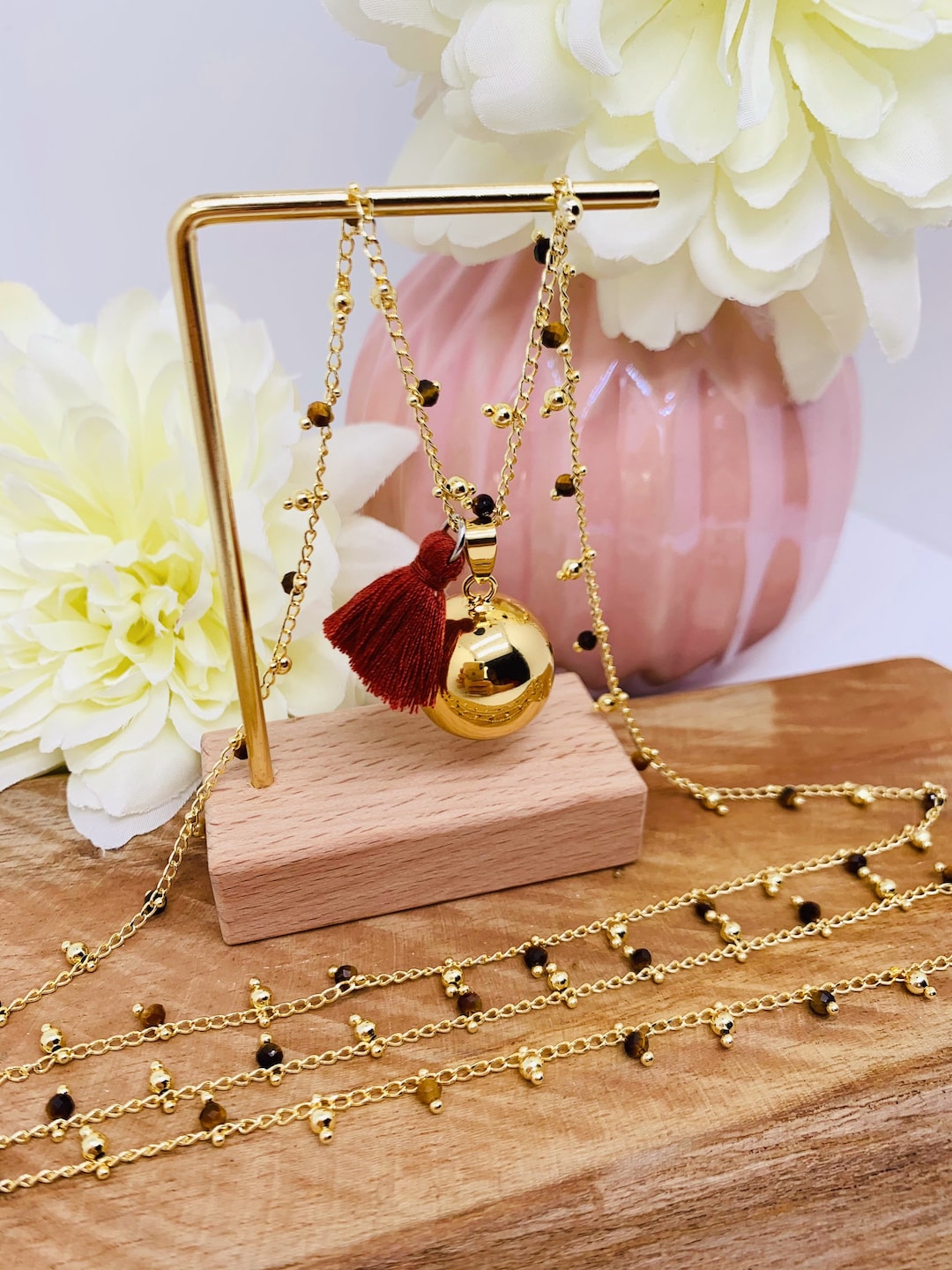 Pregnancy Bola Tiger Eye Gold Bola Ball and Small Chocolate Pompom - Etsy