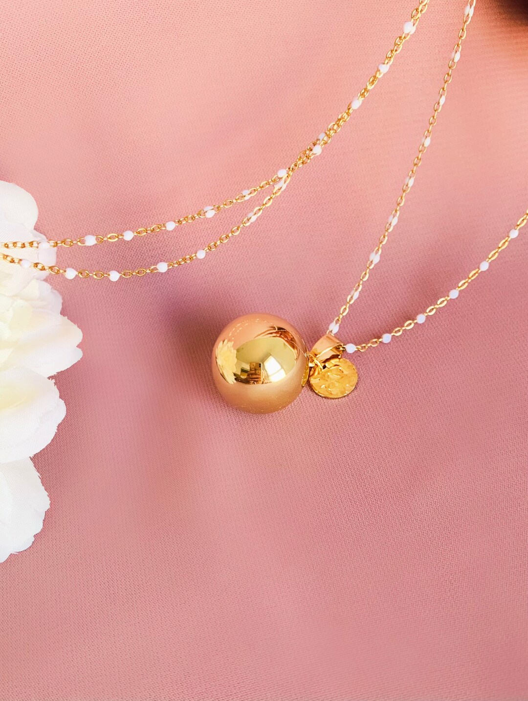 18k Gold Plated Pregnancy Bola and Hammered Medallion - Etsy