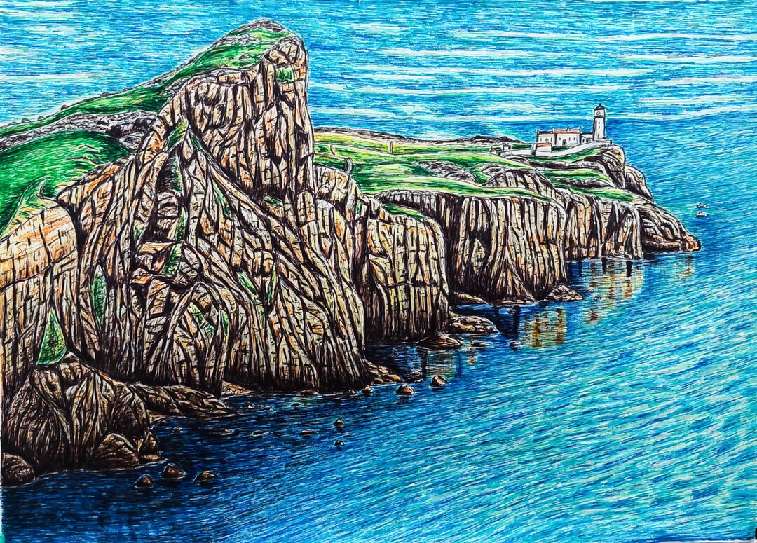 Neist Point Original Art: Isle of Skye Pen Drawing, Scotland Home Decor ...