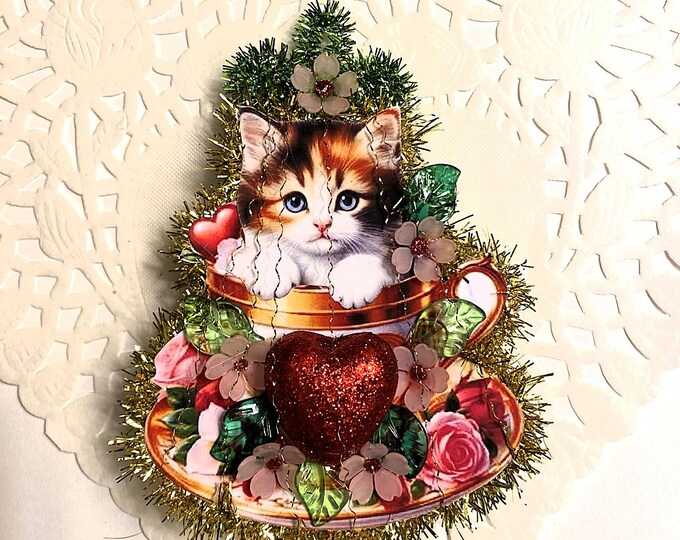 Adorable Teacup Kitten Tabby Cat Heart Valentine Victorian Ornament ...