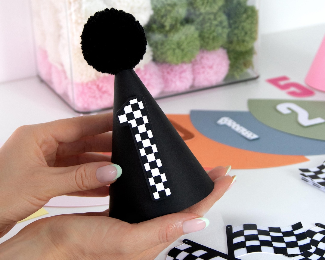 Race Car Theme Party Hat Childrens Decoration Two Fast One Black White ...