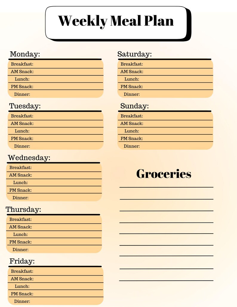 Meal Planning Weekly Chart - Etsy