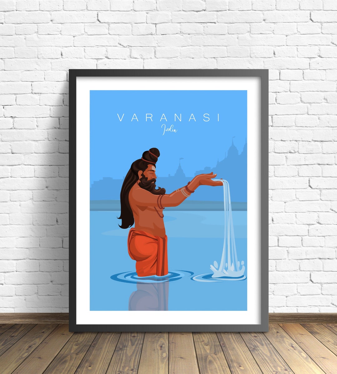 Varanasi Travel Poster | India Print | Sadhu Prayer in River - Etsy