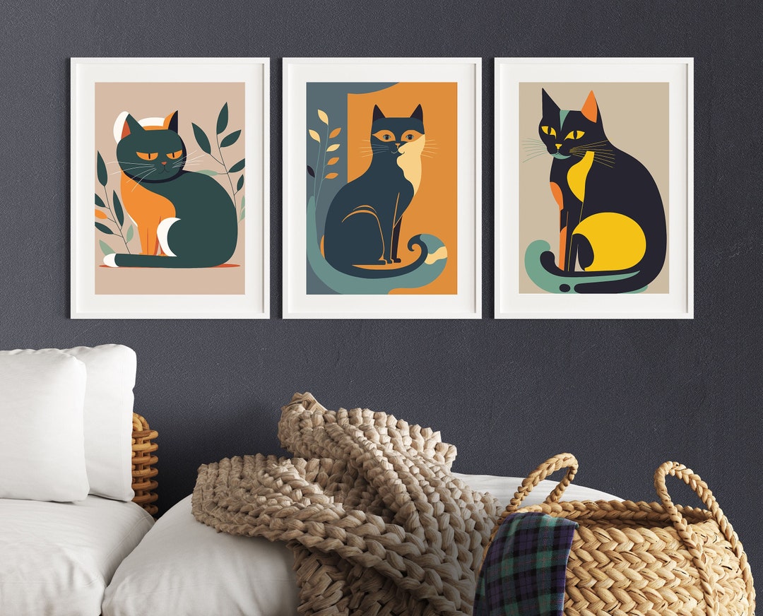 Vintage Cat Prints Set of 3 - Cat Wall Art, Vintage Cat Decor, Cat ...