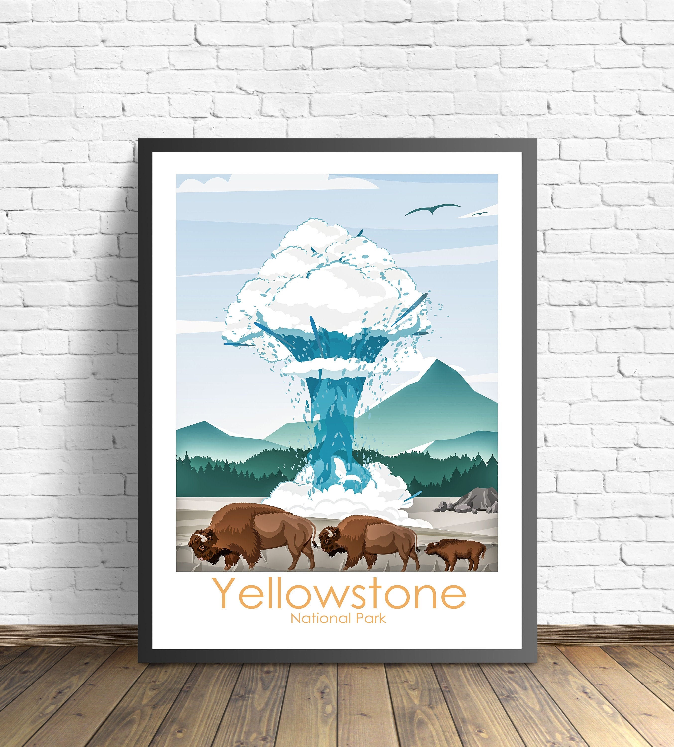 Yellowstone Geyser and Bison National Park Travel Poster , Wyoming ...