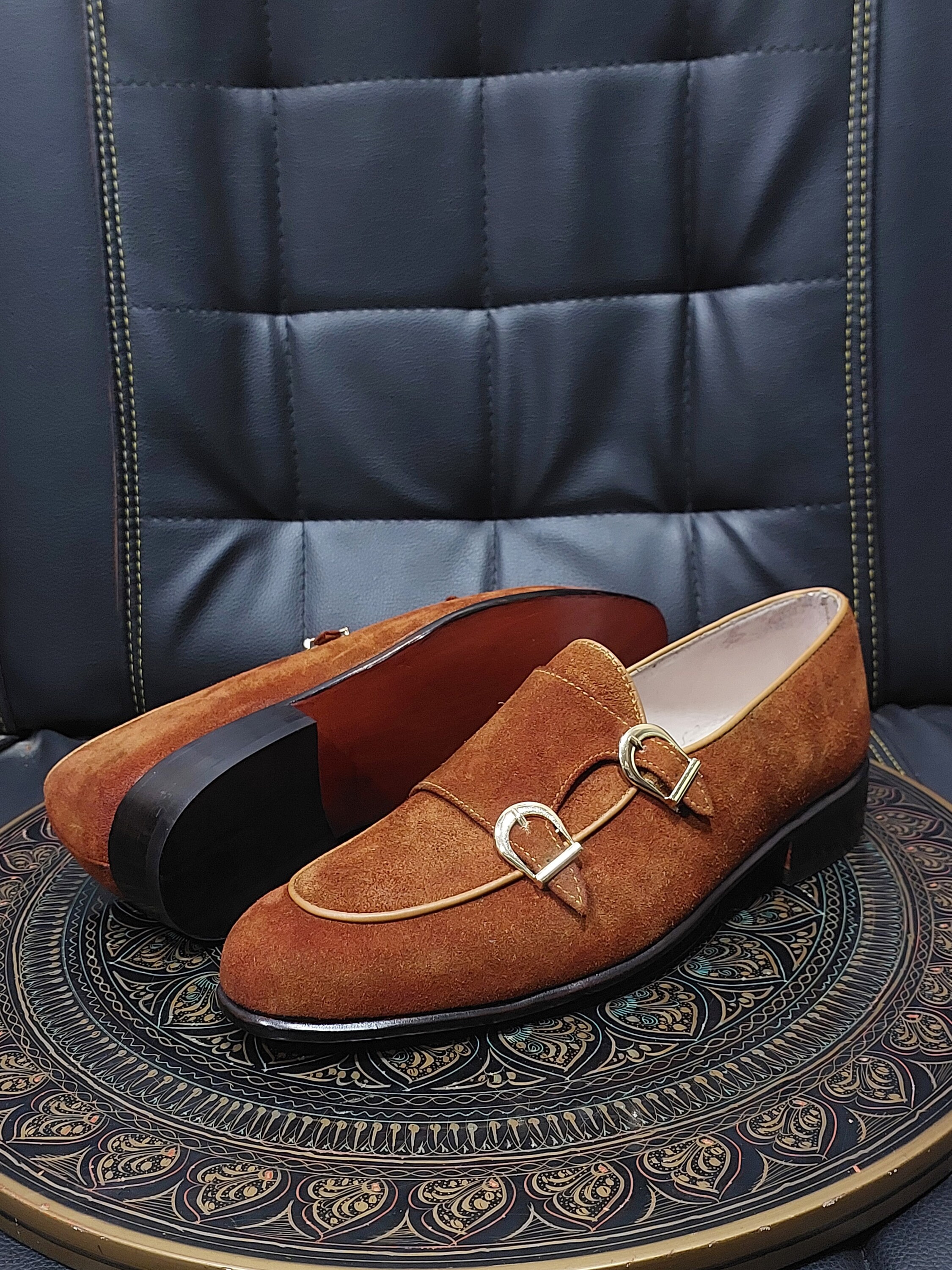 New Handmade Suede Brown Color Double Monk Strap Buckle Shoes, Men's ...