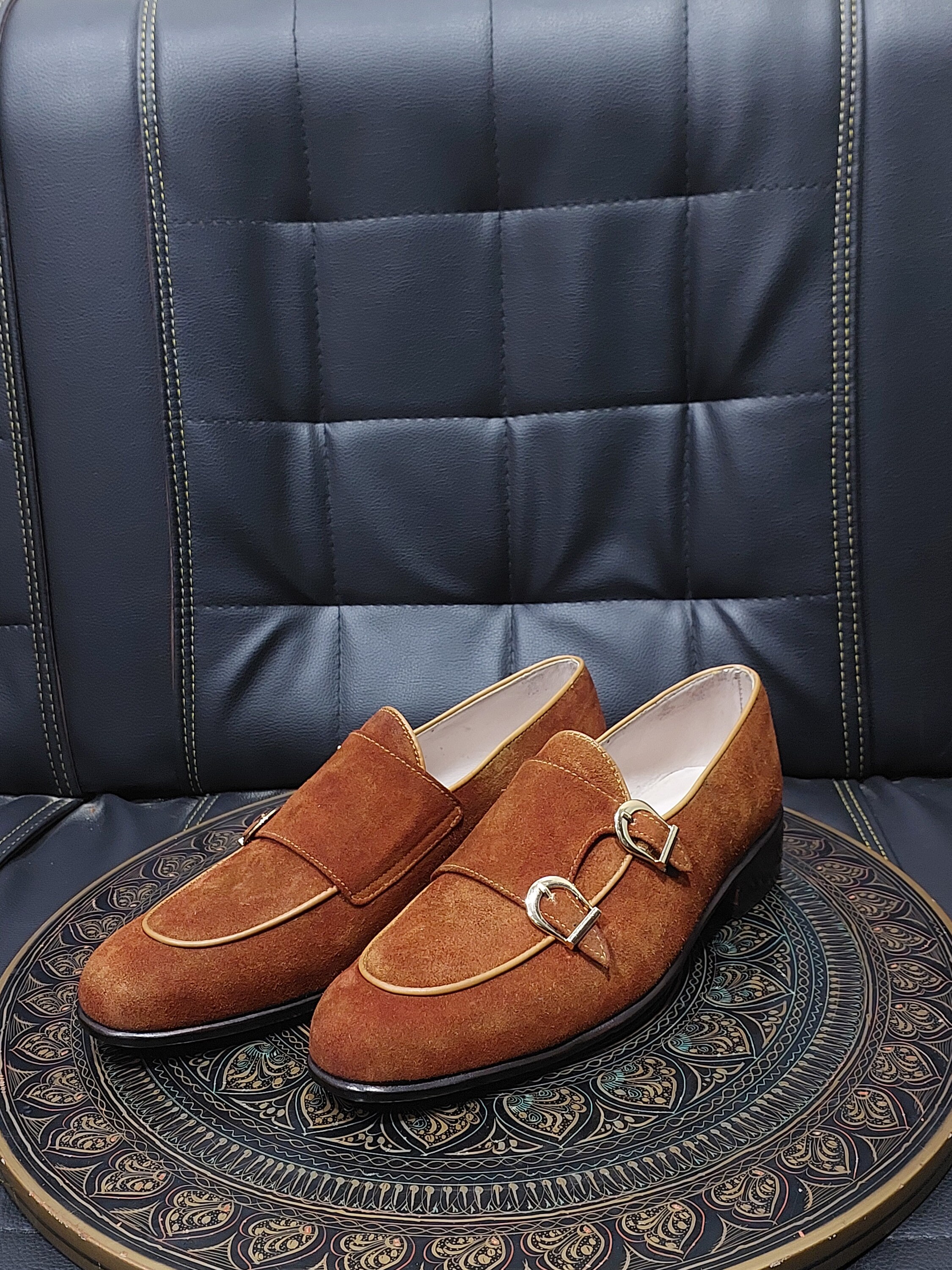 New Handmade Suede Brown Color Double Monk Strap Buckle Shoes, Men's ...