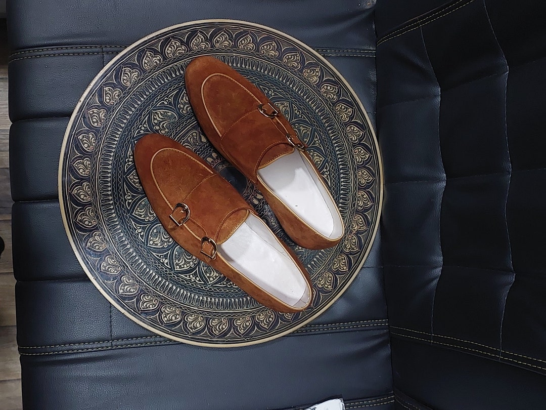 New Handmade Suede Brown Color Double Monk Strap Buckle Shoes, Men's ...