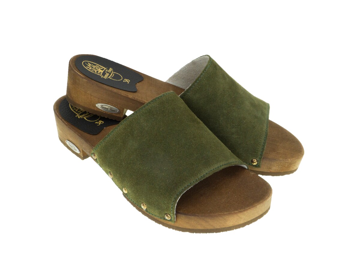 Elegant Handmade Eco Wooden Clogs for Women in Green Suede High-heel ...