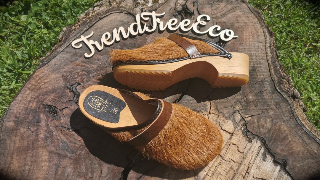 Handmade Natural Wooden Clogs Brown Cowhide Mules High-heel Healthy ...