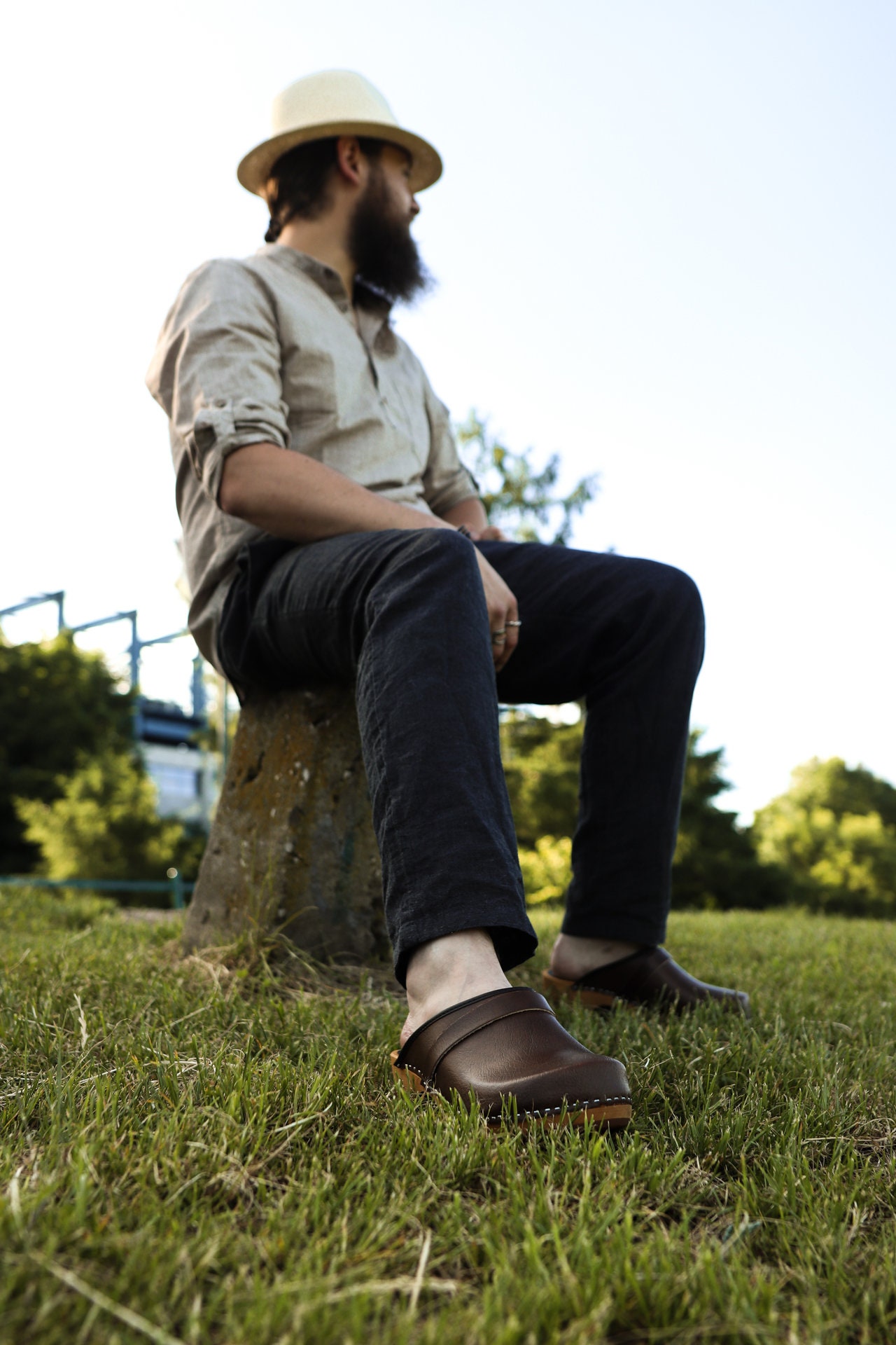 New Swedish Handmade Eco Wooden Clogs for Men in Brown Leather High ...