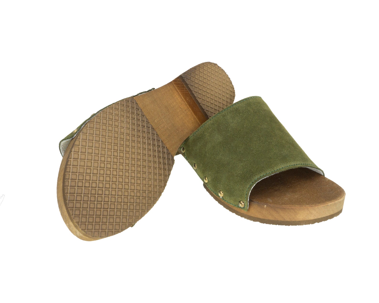 Elegant Handmade Eco Wooden Clogs for Women in Green Suede High-heel ...