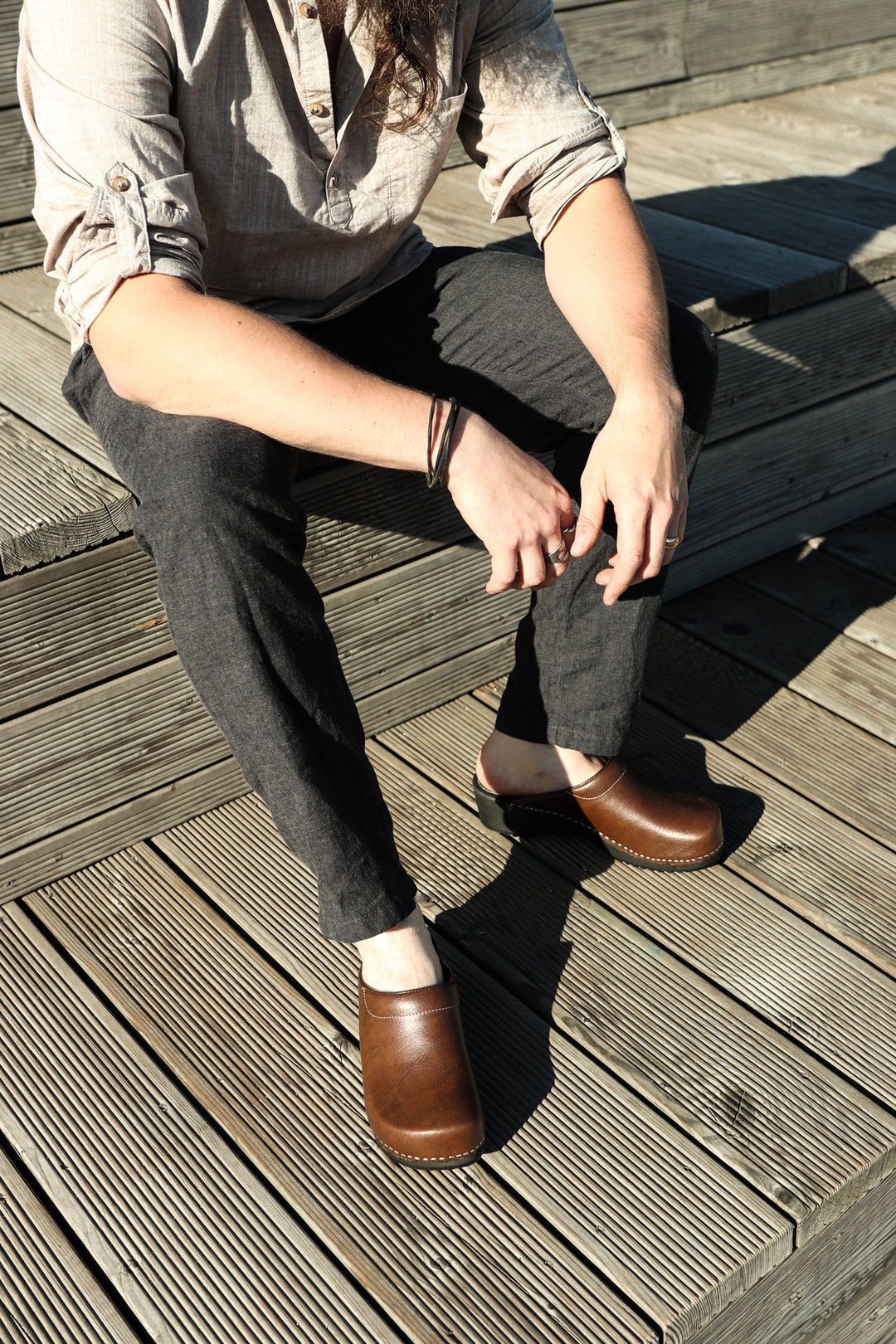New Swedish Handmade Eco Wooden Clogs for Men in Brown Leather High ...