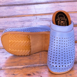 Blue Comfort Wooden Clogs - Natural Leather and Lightweight Lime Wood ...