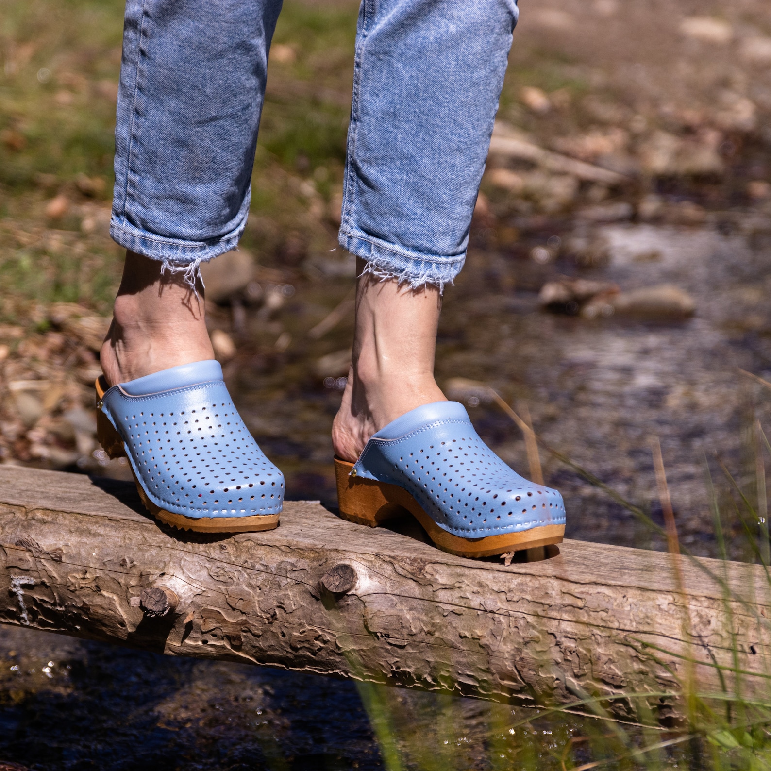 Blue Comfort Wooden Clogs Natural Leather and Lightweight Lime Wood ...