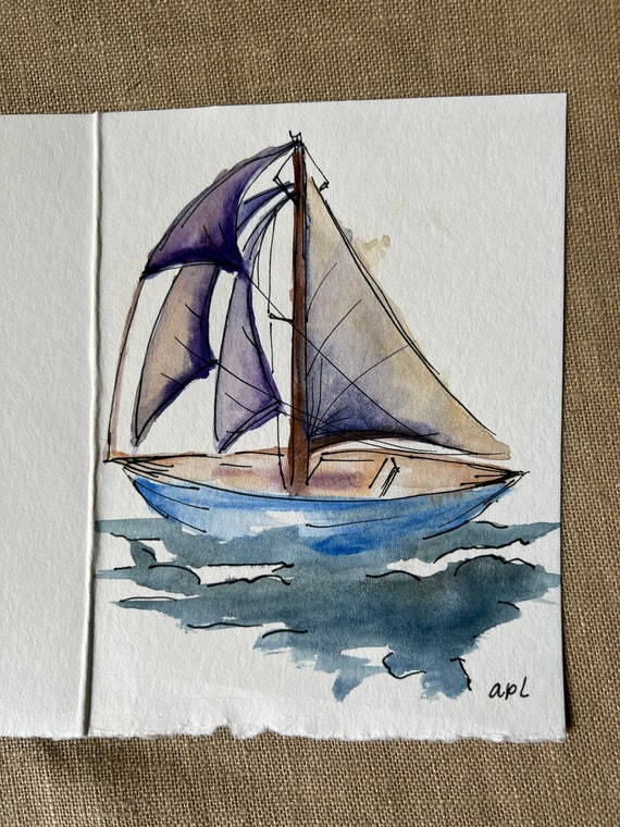 Hand Painted Watercolor Card Sailboat - Etsy