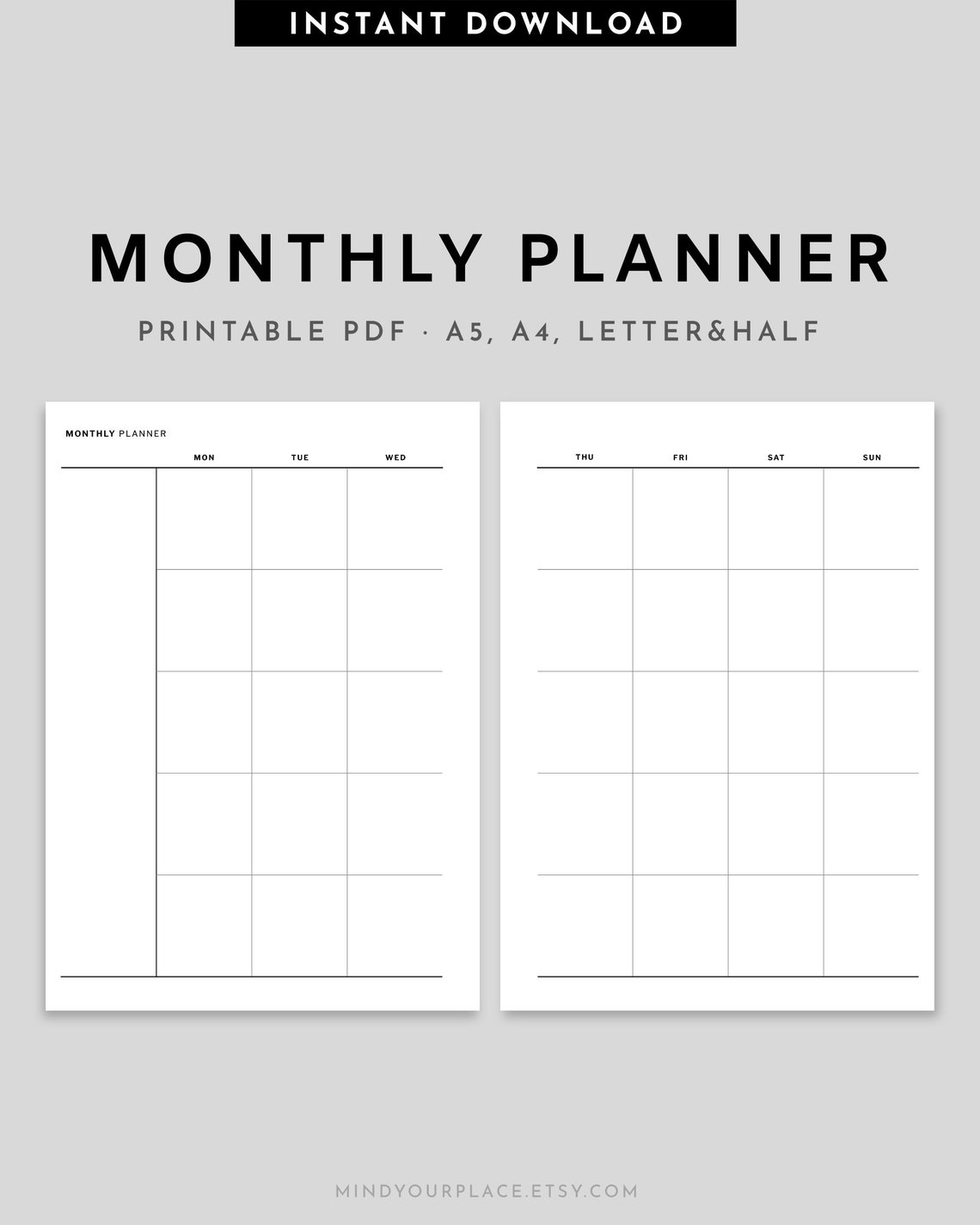Printable Minimalist Monthly Planner, Undated Two Pages Calendar PDF ...