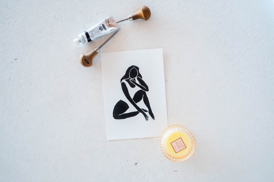 Linocut Print woman Art Print for Hanging From - Etsy