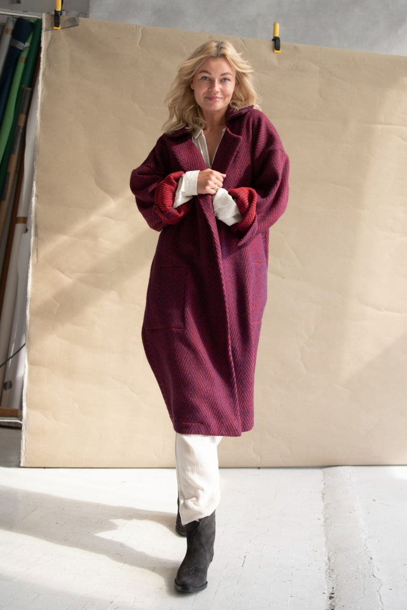 Purple Herringbone Wool Coat Women Box Coat With Wide - Etsy