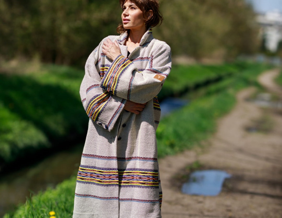 Cotton Box Coat for Women | Spring Midi Coat With Wide Sleeves, Pockets ...