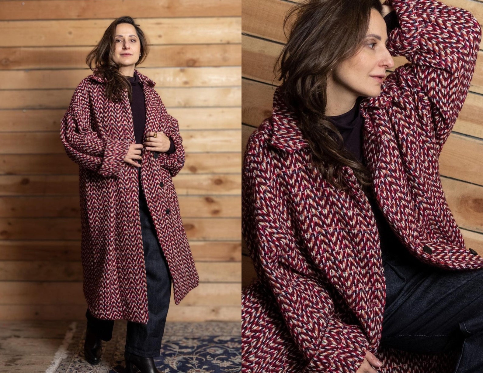 Herringbone Wool Coat Women Box Coat Unique Wool Coat Loose - Etsy